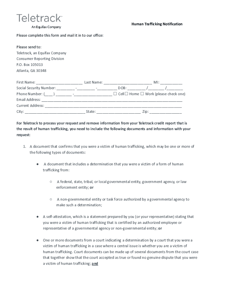 Fillable Online Human Trafficking Notification Please complete this ...