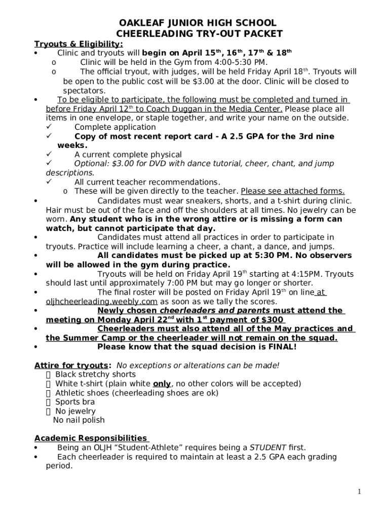 Do you want to be an OLJH... - Oakleaf Junior High School Doc Template | pdfFiller