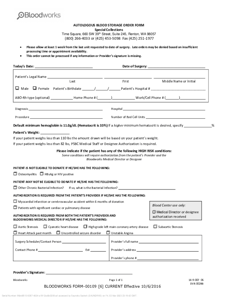 Fillable Online Autologous Blood Storage Order Form - Special ...