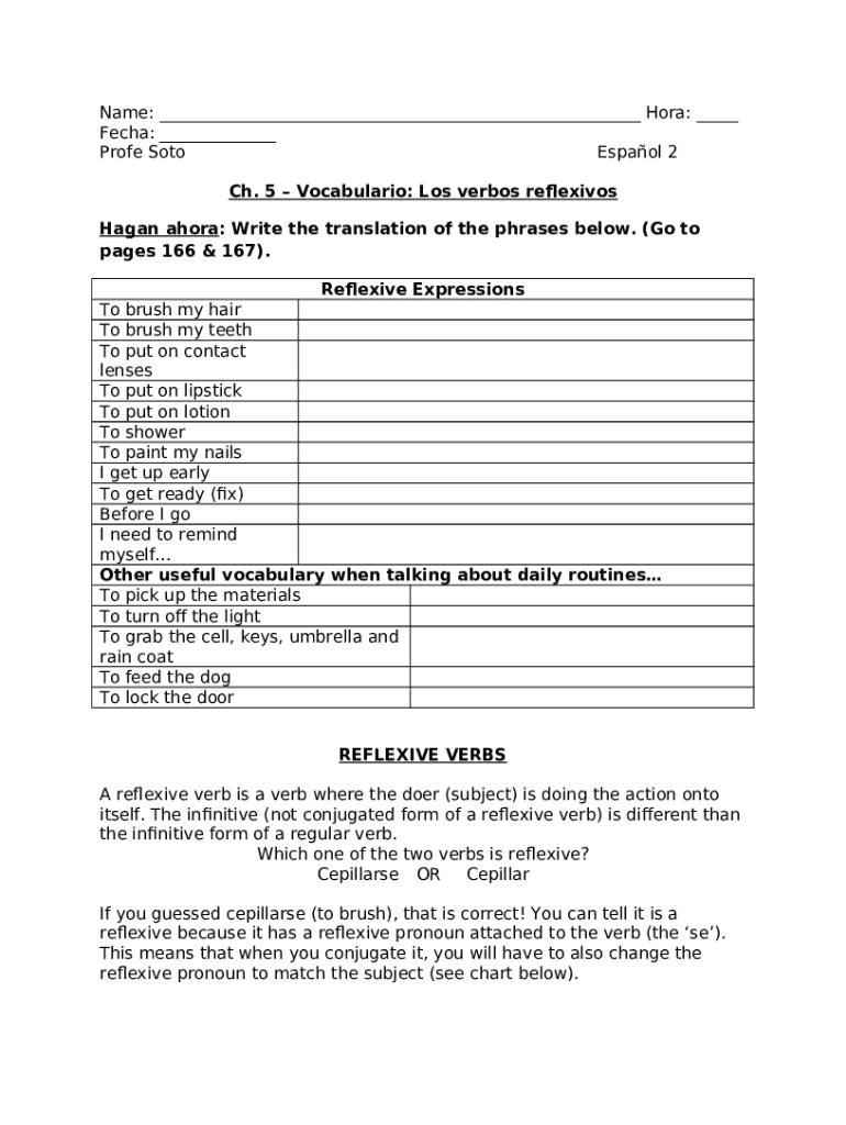 Spanish- los verbos reflexivos fill in the sentences Flashcards Doc ...