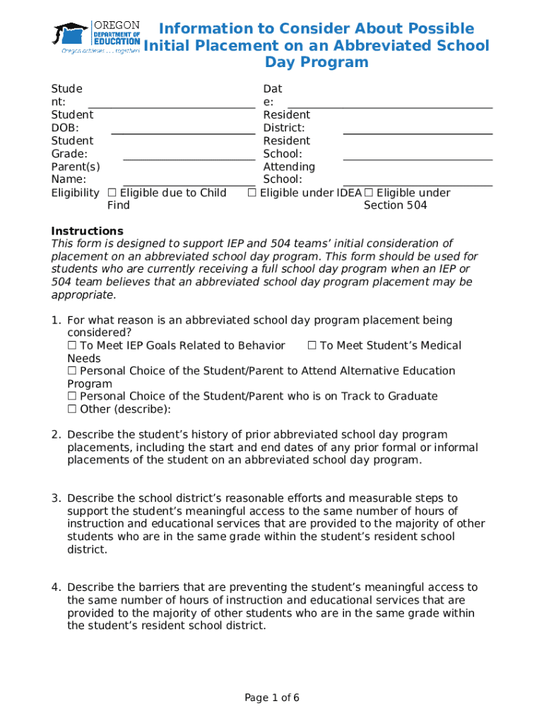 Ination to Consider about Possible Initial Placement on an Abbreviated School Day Program Sample ...