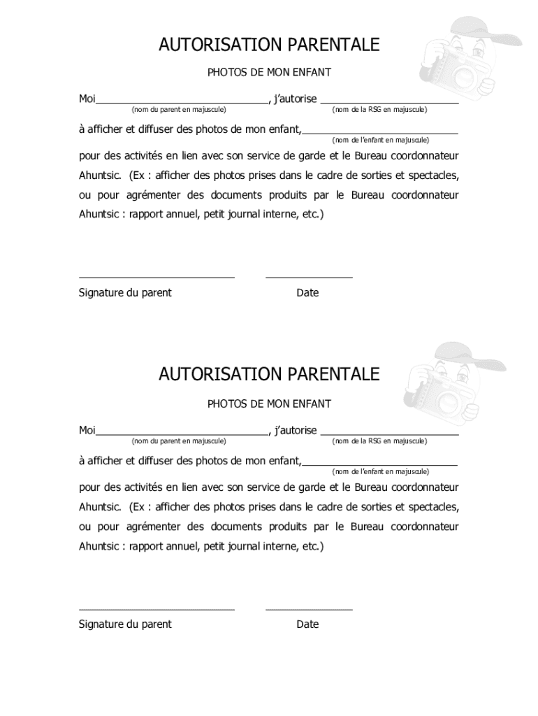 Remplissable En Ligne Autorisation pour prise de photos Prnom et Nom de l'enfant Fax Email ...
