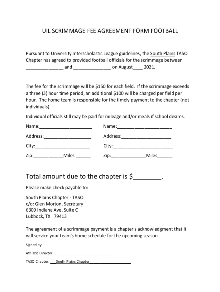 Fillable Online uil scrimmage fee agreement form football - Fort Worth ...