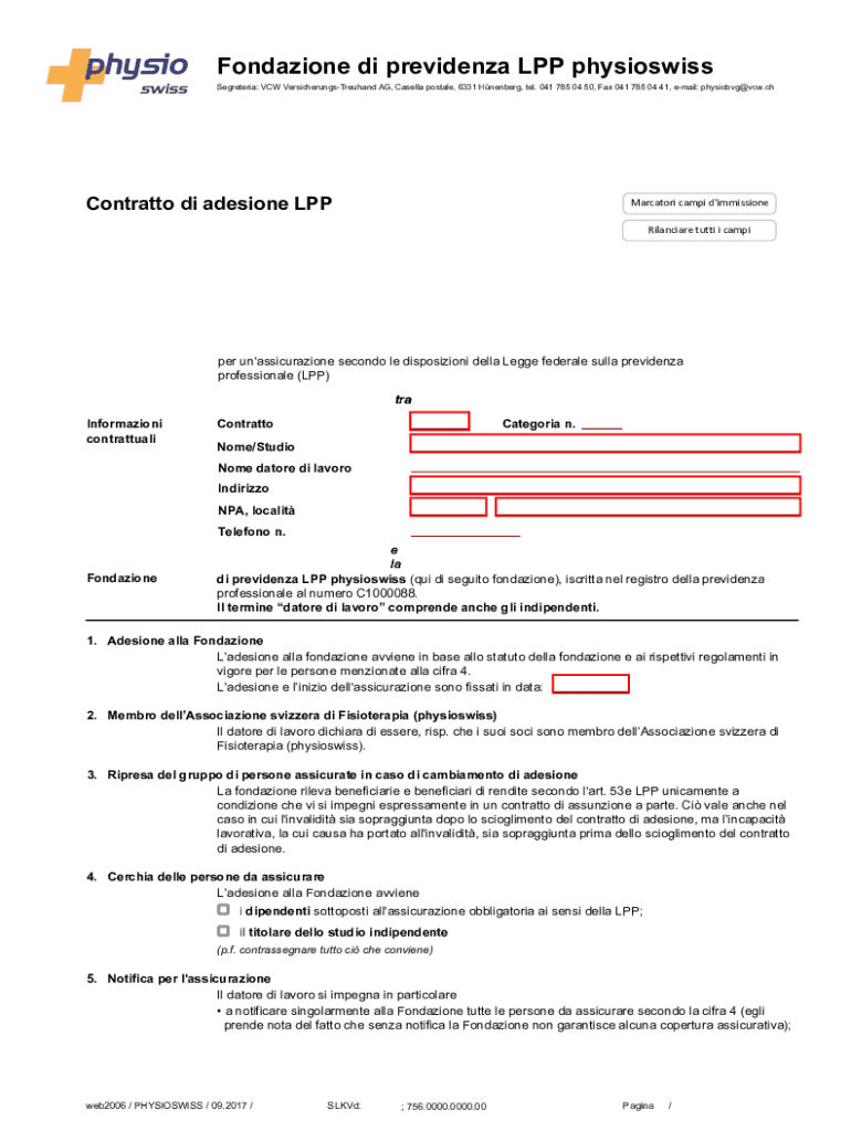 Fillable Online Contratto di adesione LPP Physioswiss. Contratto di adesione LPP Physioswiss Fax ...