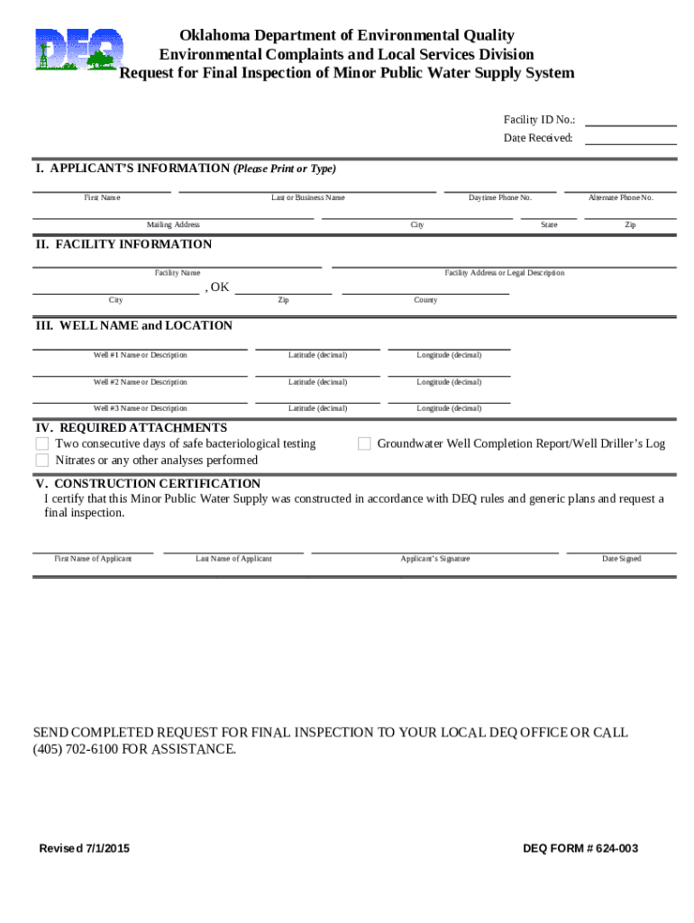 Request for Final Inspection of Minor Public Water Supply ... Doc ...