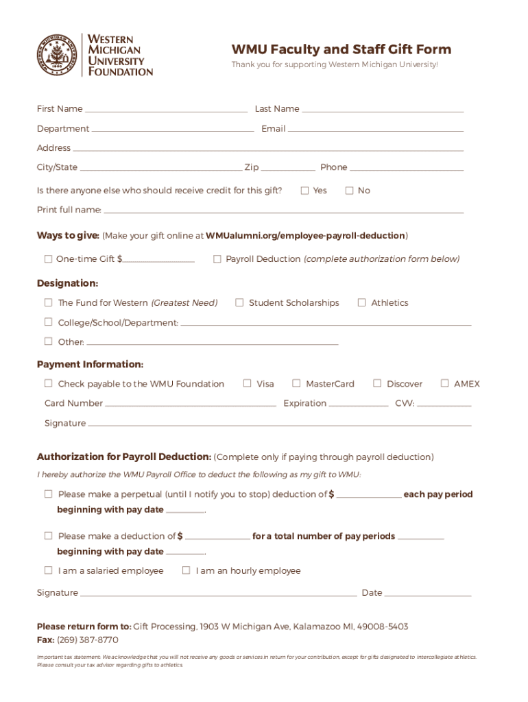 Fillable Online WMU Faculty and Staff Gift Form Fax Email Print - pdfFiller