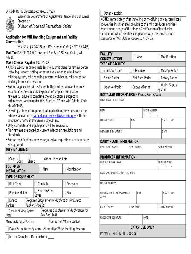 Application for Milk Handling Equipment and Facility Construction ...