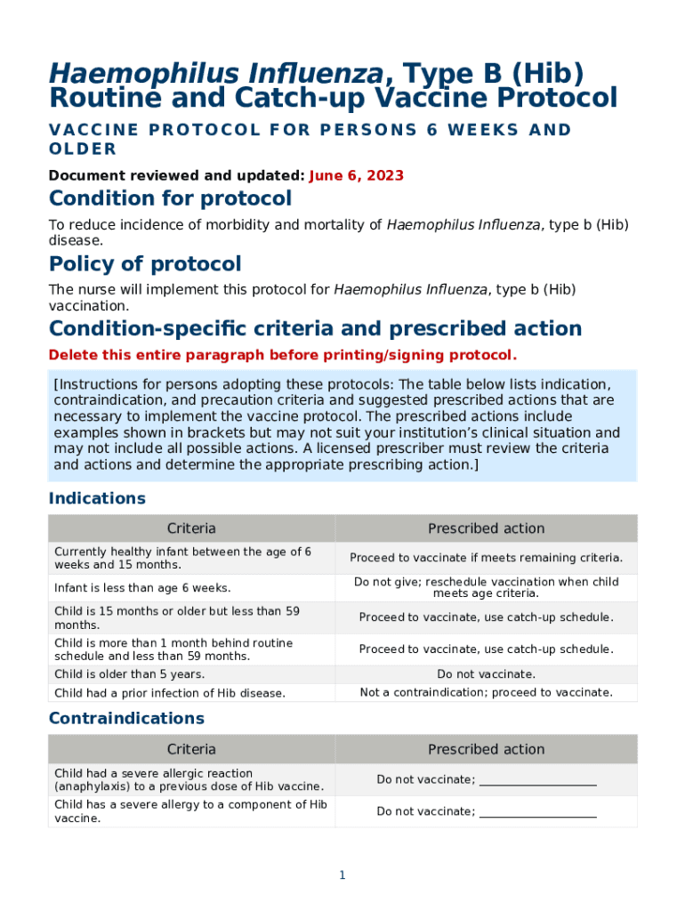 Haemophilus Influenza, Type B (Hib) Routine and Catch-up Vaccine ...