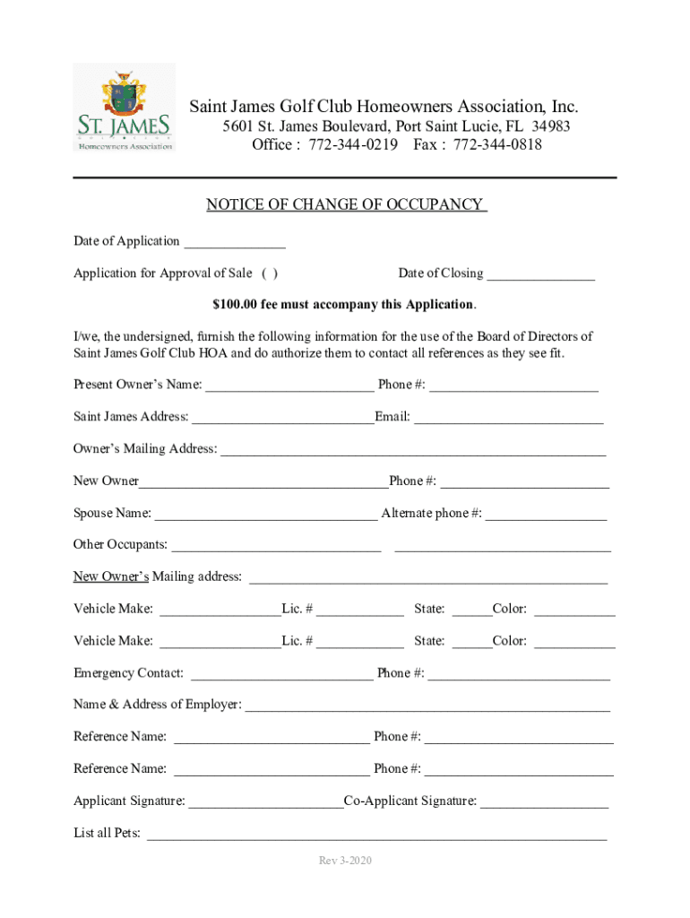 Fillable Online Change of Occupancy Form Packet. Forms necessary on change of occupancy Fax ...