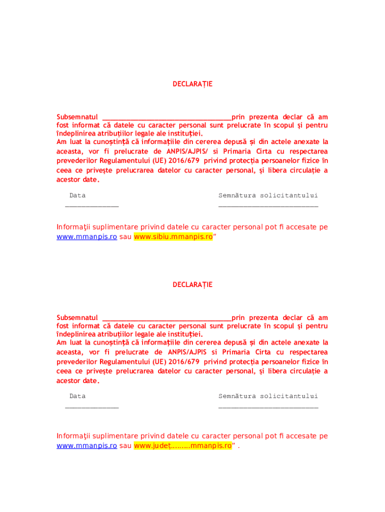 Fillable Online Declaratie de luare la cunostinta pentru prelucrarea datelor cu ... Fax Email ...