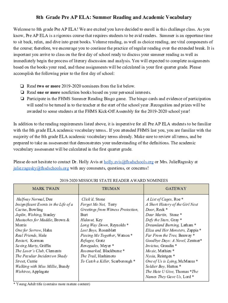 Fillable Online 8th Grade Pre AP ELA: Summer Reading and Academic ...