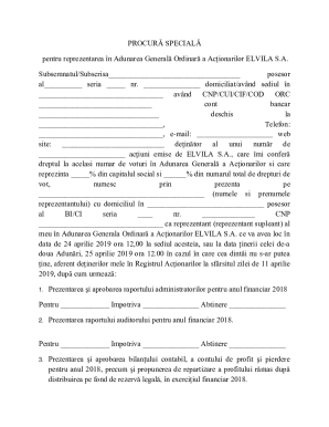 Fillable Online pentru reprezentarea n Adunarea General Ordinar a Acionarilor ELVILA S Fax Email ...