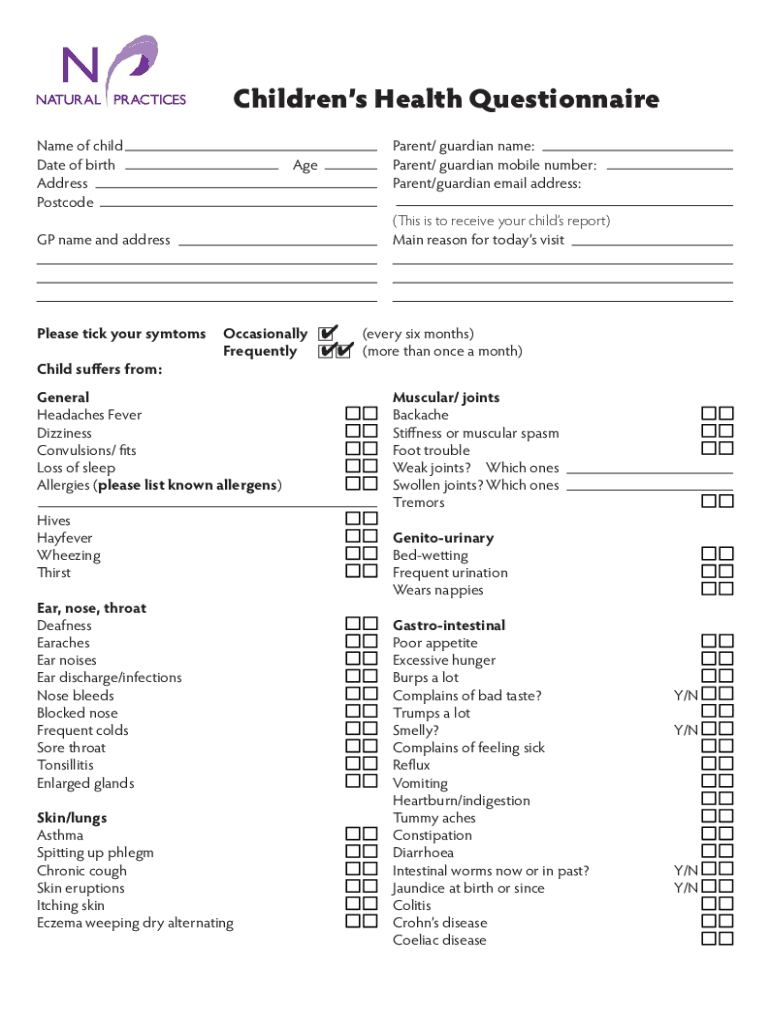 Fillable Online Parent Questionnaire Child's Name: Date of birth: Male ...