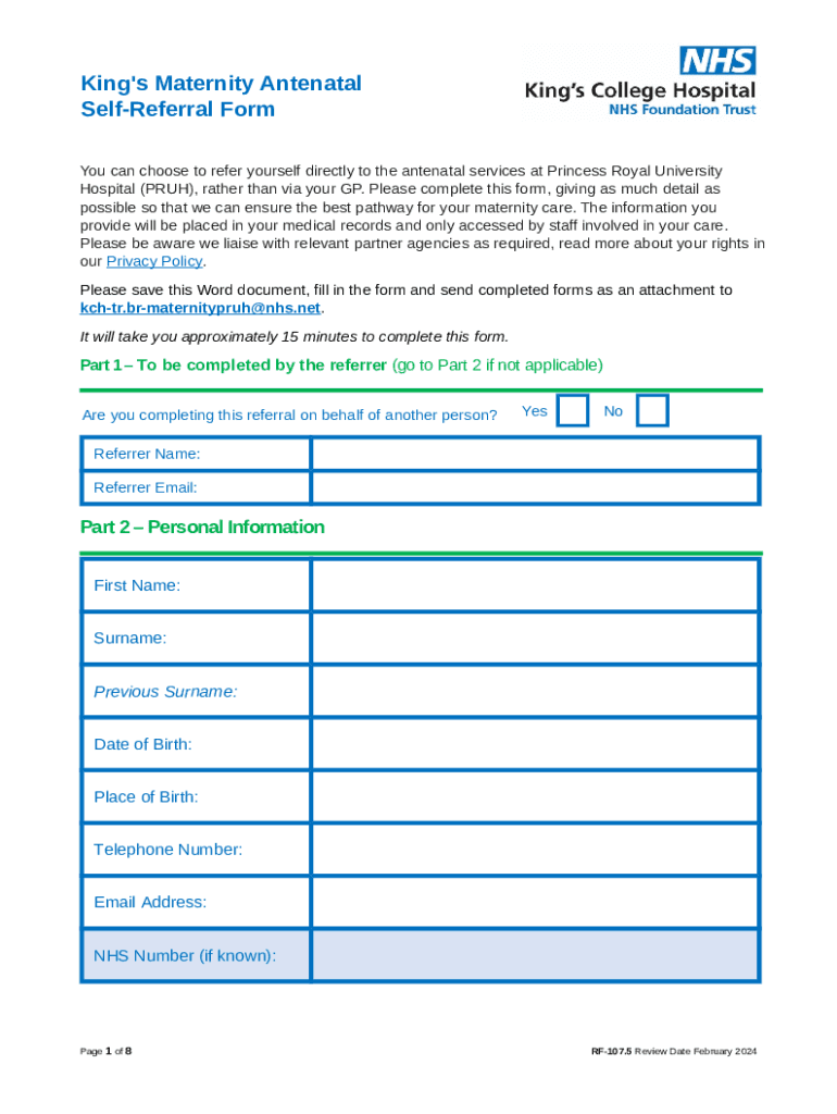 PRUH Antenatal Self Referral v4 - Pregnancy - pruh kch nhs Doc Template | pdfFiller