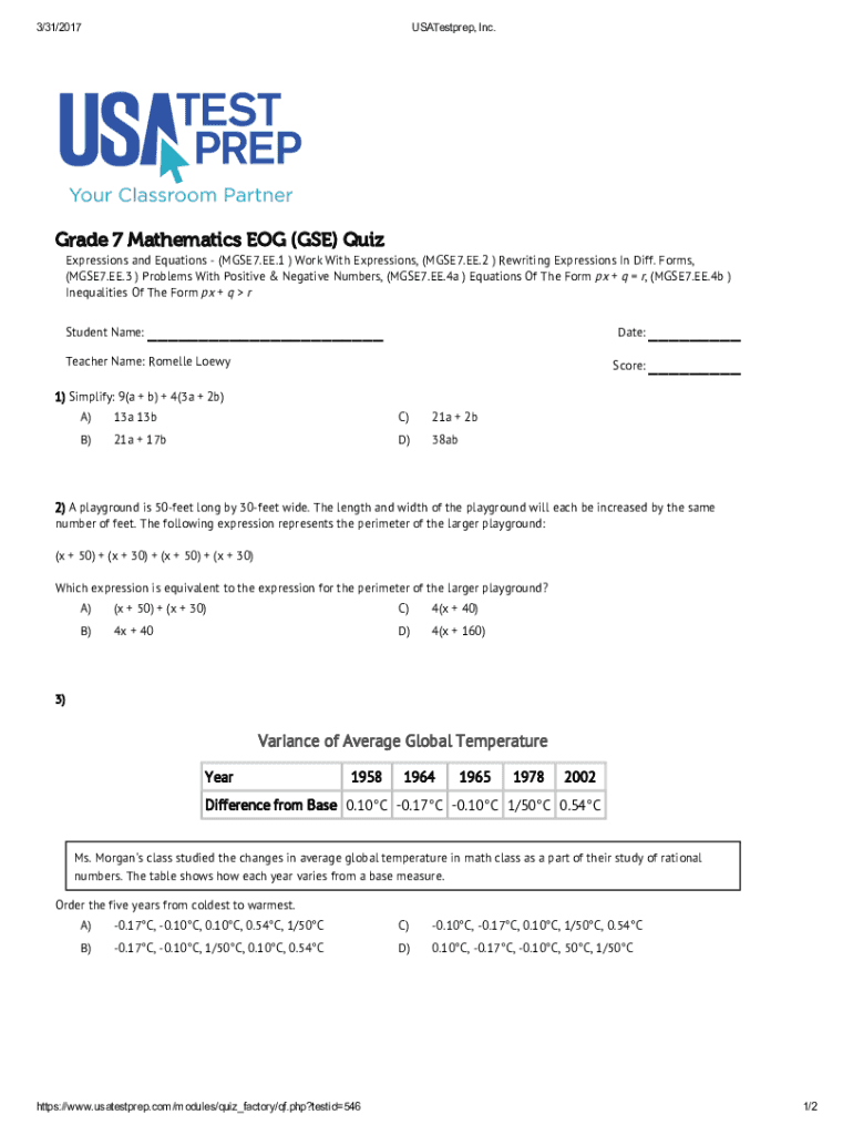 Fillable Online Grade 7 Mathematics EOG (GSE) Quiz Fax Email Print ...