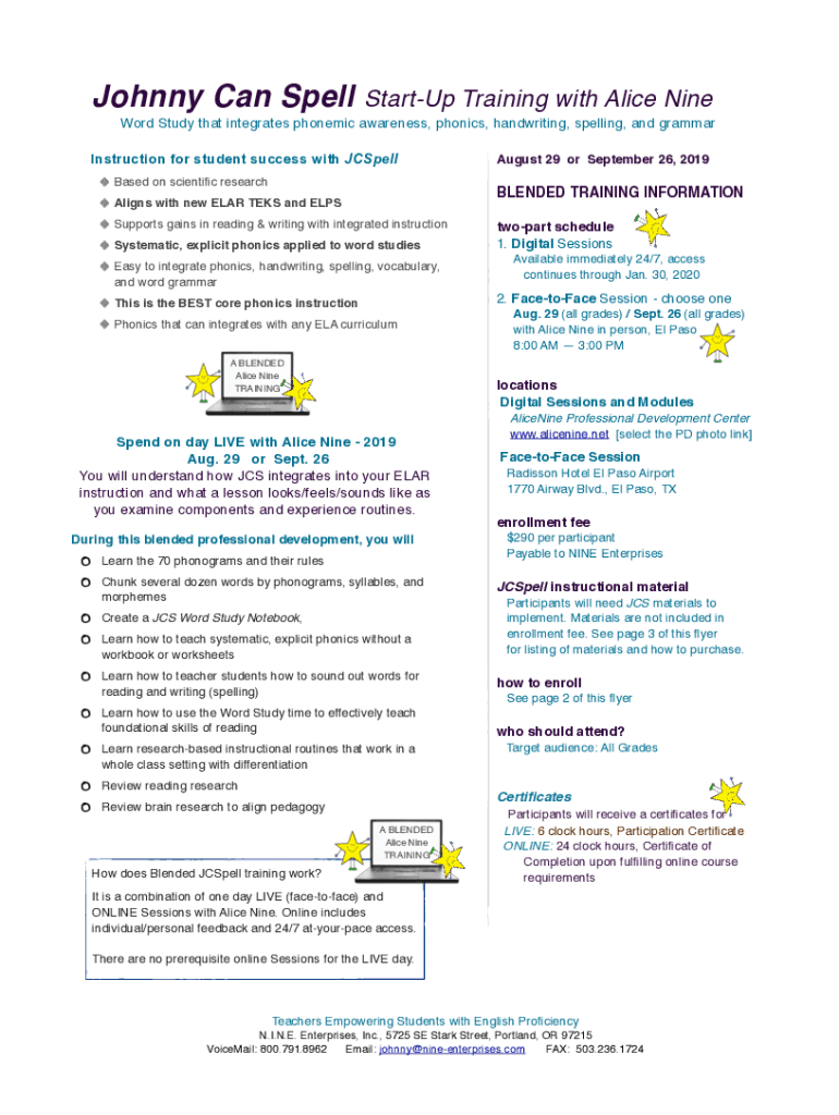 Fillable Online Johnny Can Spell Start-Up Training with Alice Nine Fax ...