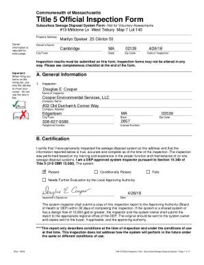 Fillable Online Title 5 Official Inspection Form - Subsurface Sewage ...