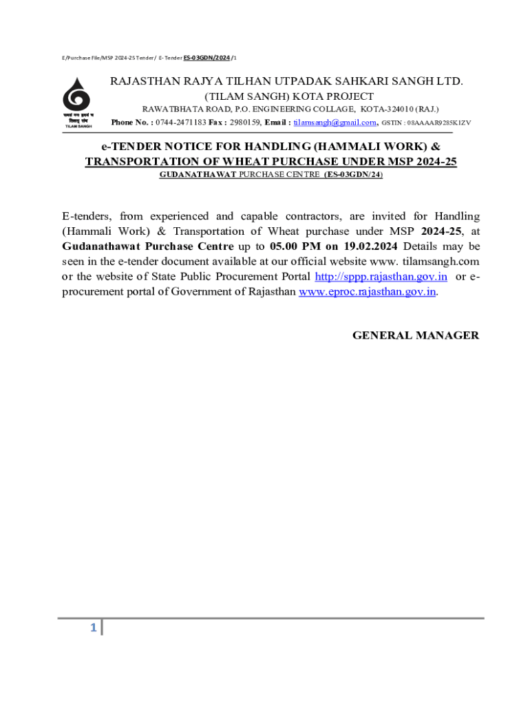 Fillable Online eProcurement System Government ... - eproc.Rajasthan ...