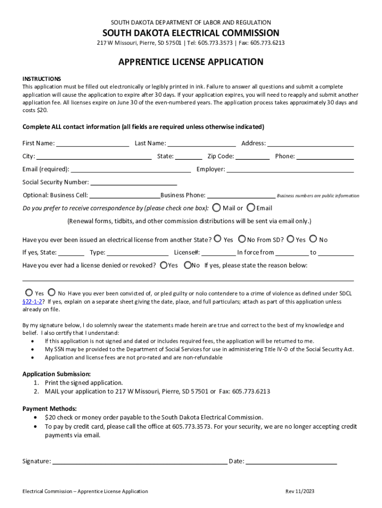 Fillable Online dlr sd Electrical - Apprentice Application Fax Email ...