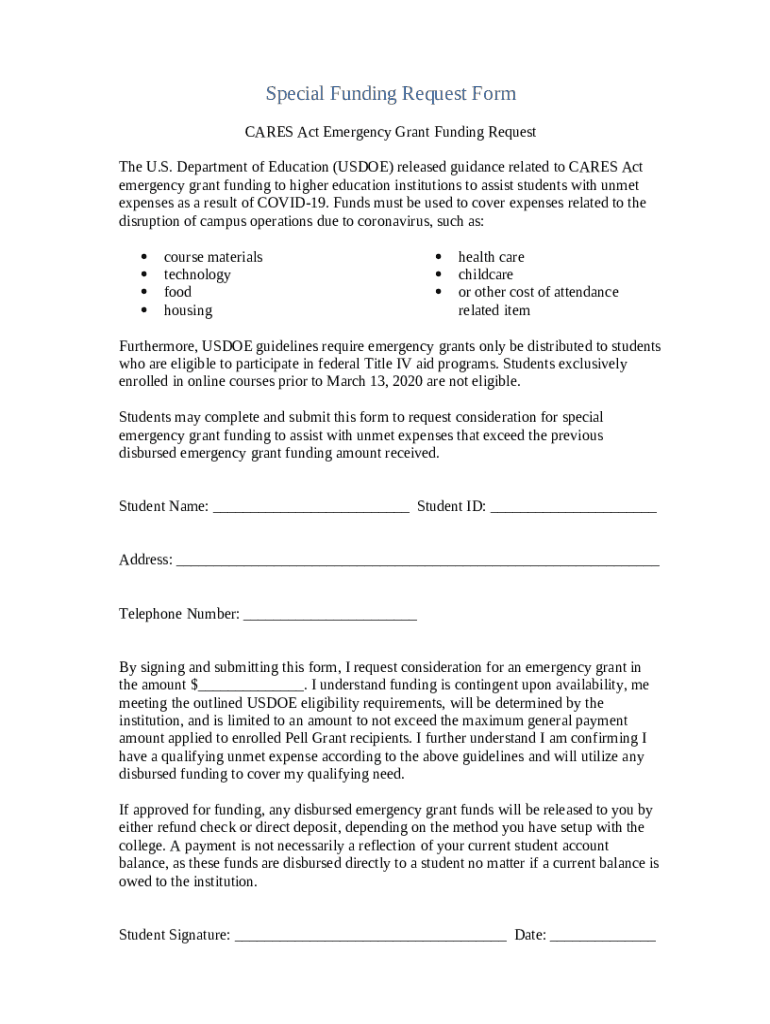 CARES Act Emergency Grant Funding Request Doc Template | pdfFiller