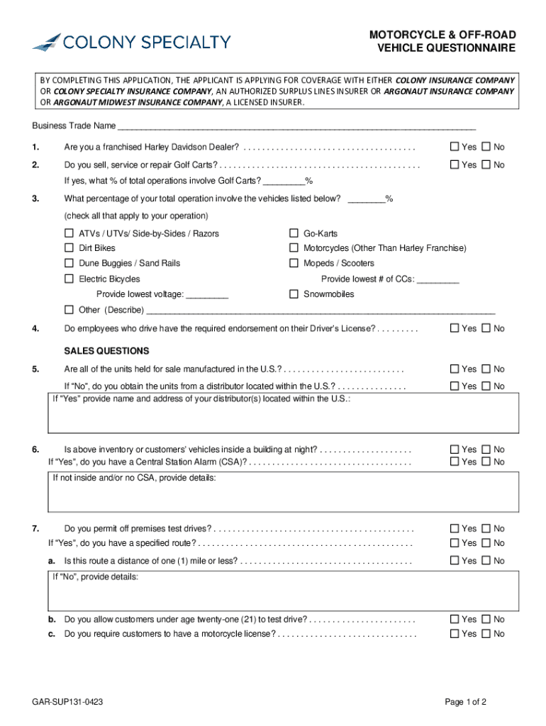 Fillable Online MOTORCYCLE & OFF-ROAD VEHICLE QUESTIONNAIRE Fax Email ...