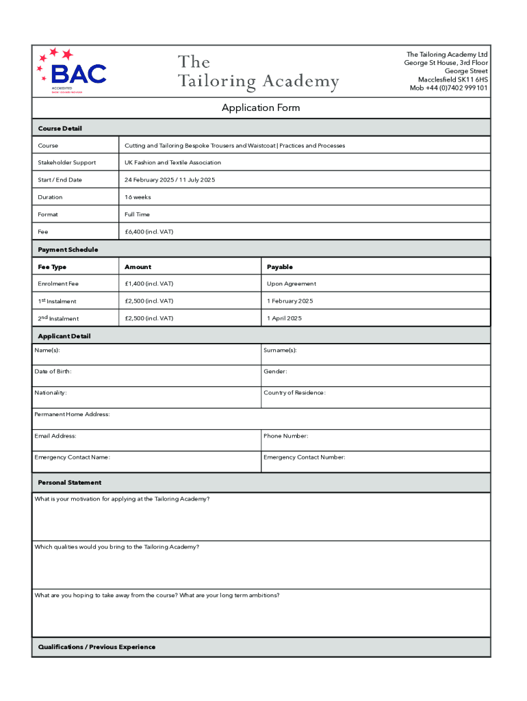 Fillable Online The Tailoring Academy: Skills for a new Generation of ...