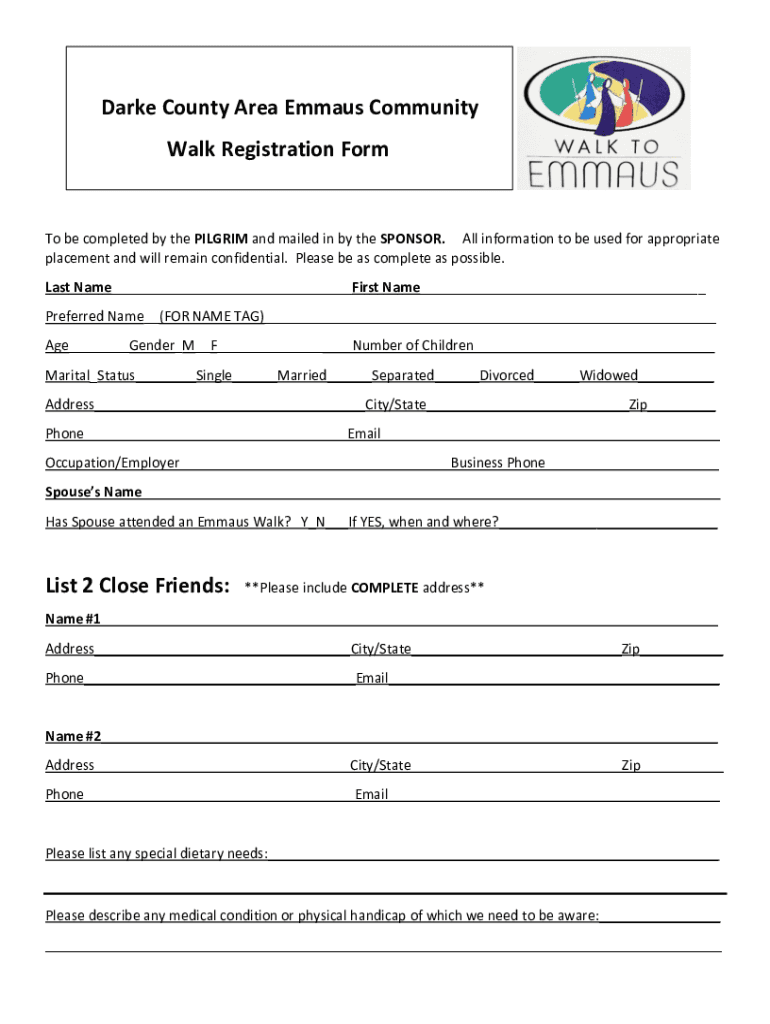 Fillable Online Darke County Area Emmaus Community Walk Registration ...