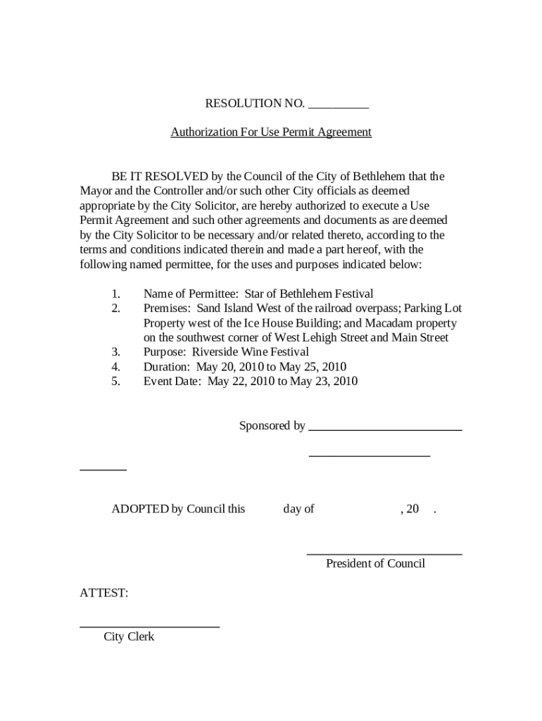RESOLUTION NO. 2022- Authorization For Use ... Doc Template | pdfFiller