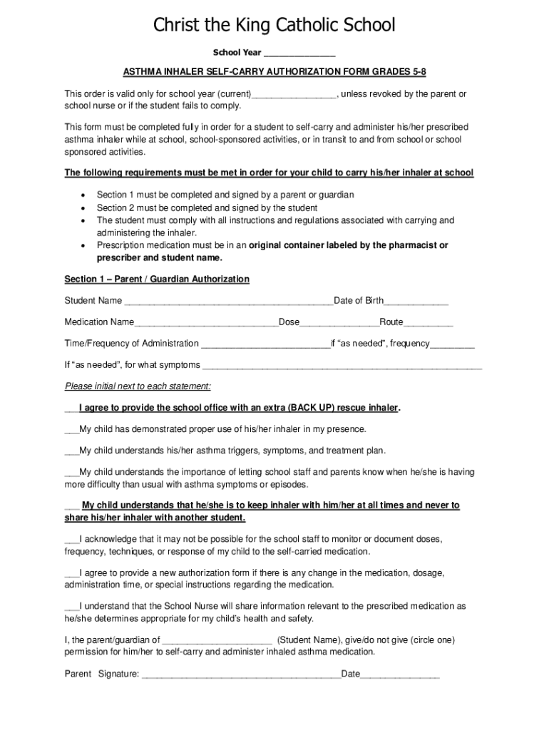 Fillable Online asthma inhaler self-carry authorization form grades Fax ...