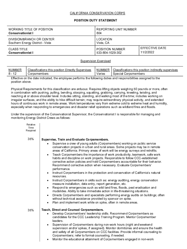 Fillable Online California conservation Corps position - Duty Statement ...