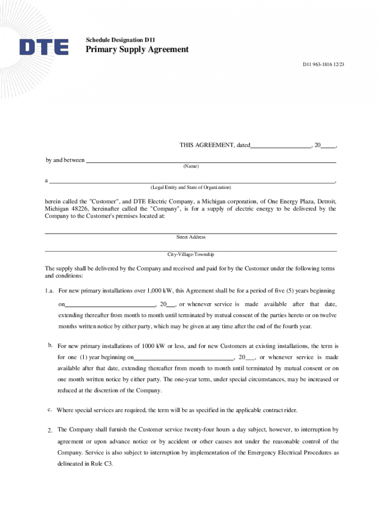 Fillable Online Schedule Designation D11 Primary Supply Agreement Fax ...