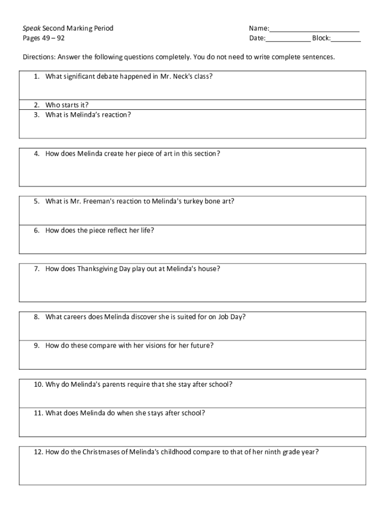 Fillable Online Speak Second Marking Period Go Fill In The Blank First ...