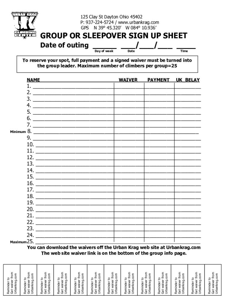 Fillable Online GROUP OR SLEEPOVER SIGN UP SHEET Date of outing Fax ...