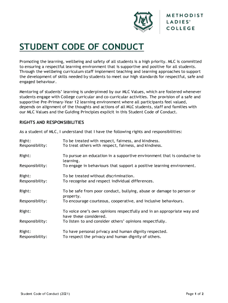 Fillable Online Student Codes of Conduct: Background Fax Email Print ...