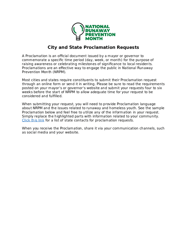City and State Proclamation Requests Doc Template | pdfFiller
