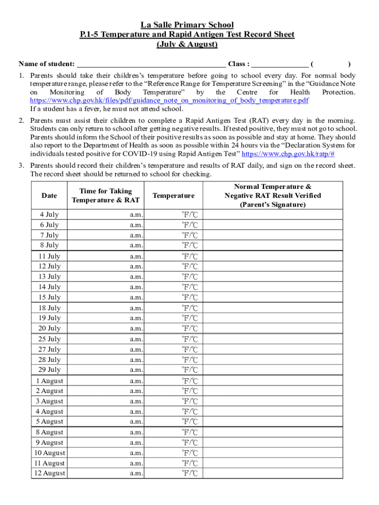 Fillable Online Body Temperature and Rapid Antigen Test Record Sheet ...