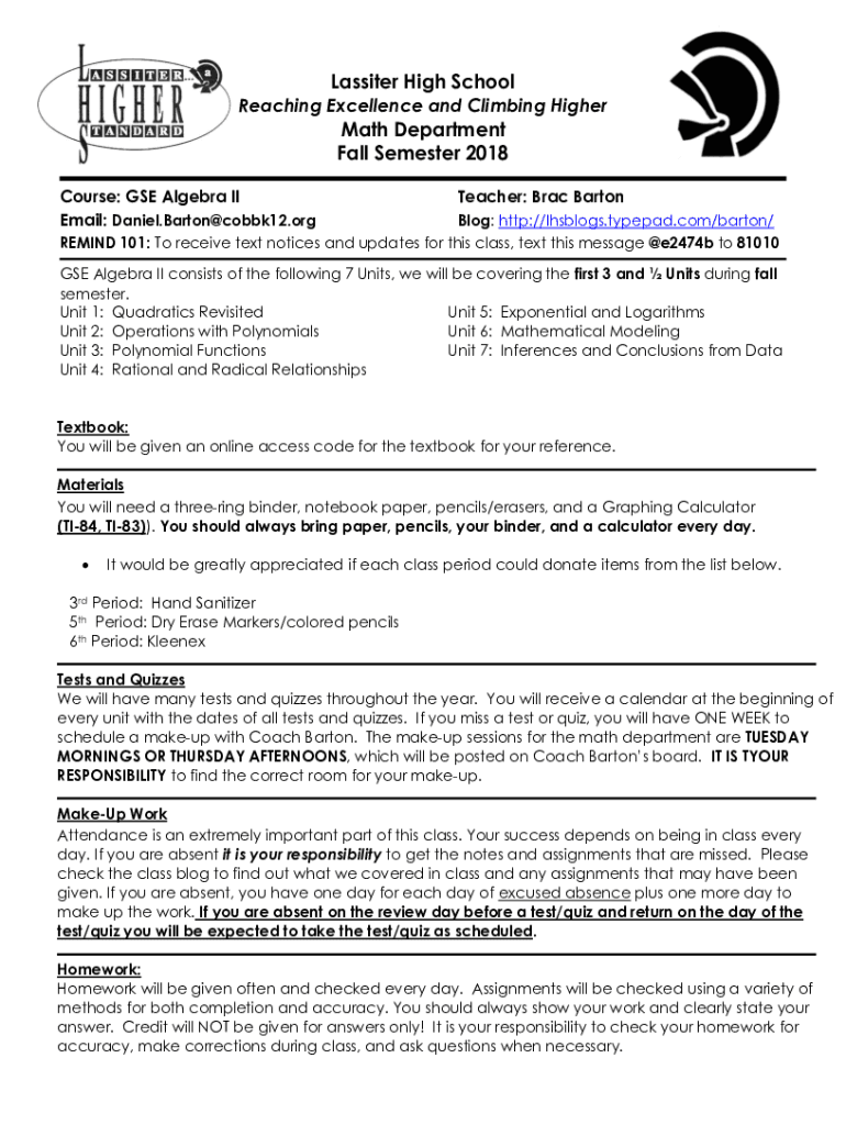 Fillable Online Georgia Advanced Algebra Unit 1 - Quadratics Revisited ...