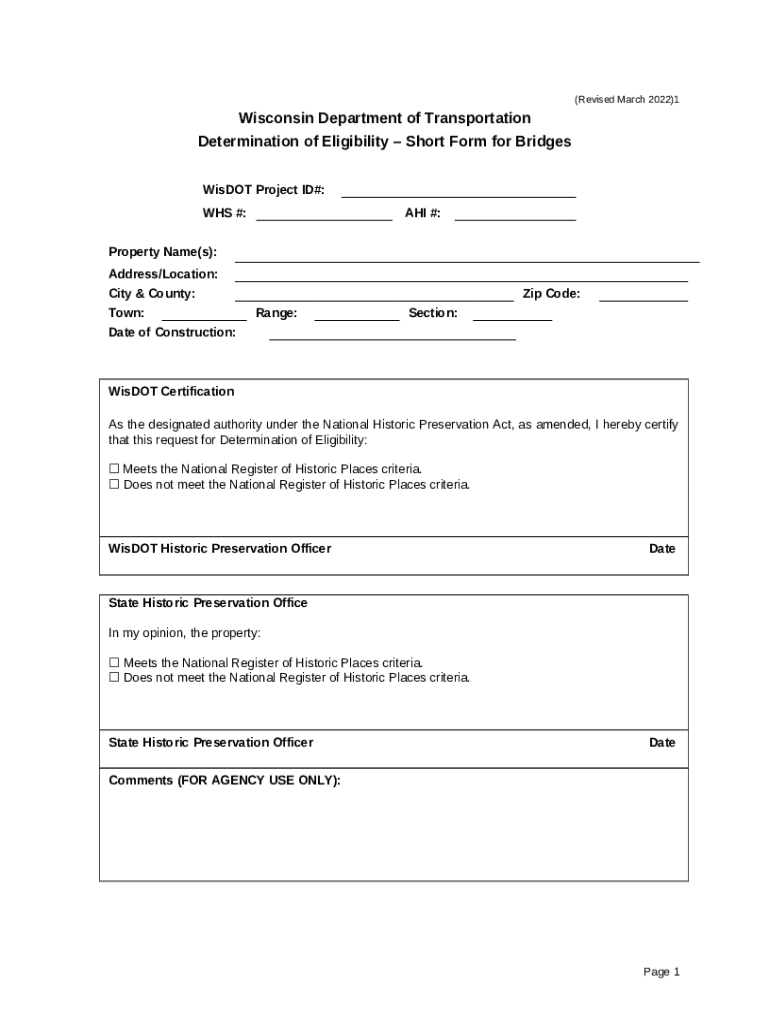 WisDOT Bridge DOE Short . Bridge determination of eligibility Doc Template | pdfFiller