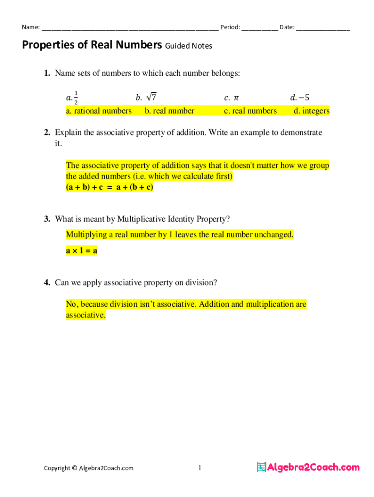 Fillable Online Assignment 1-2 Properties of Real Numbers Answer Key ...