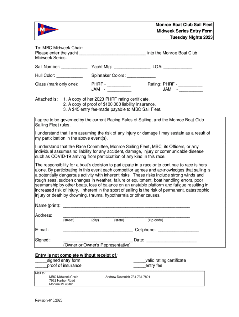 Fillable Online Monroe Boat Club Sail Fleet Midweek Series Entry Form ...