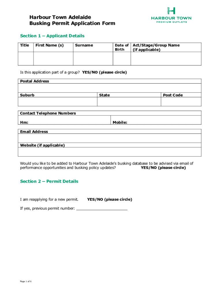 Fillable Online Harbour Town Adelaide Busking Permit Application Form ...