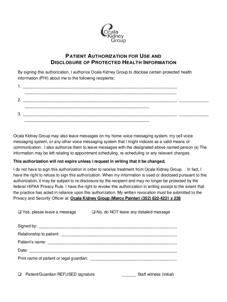 Fillable Online Patient Authorization for Use and Disclousre of PHI 1 ...