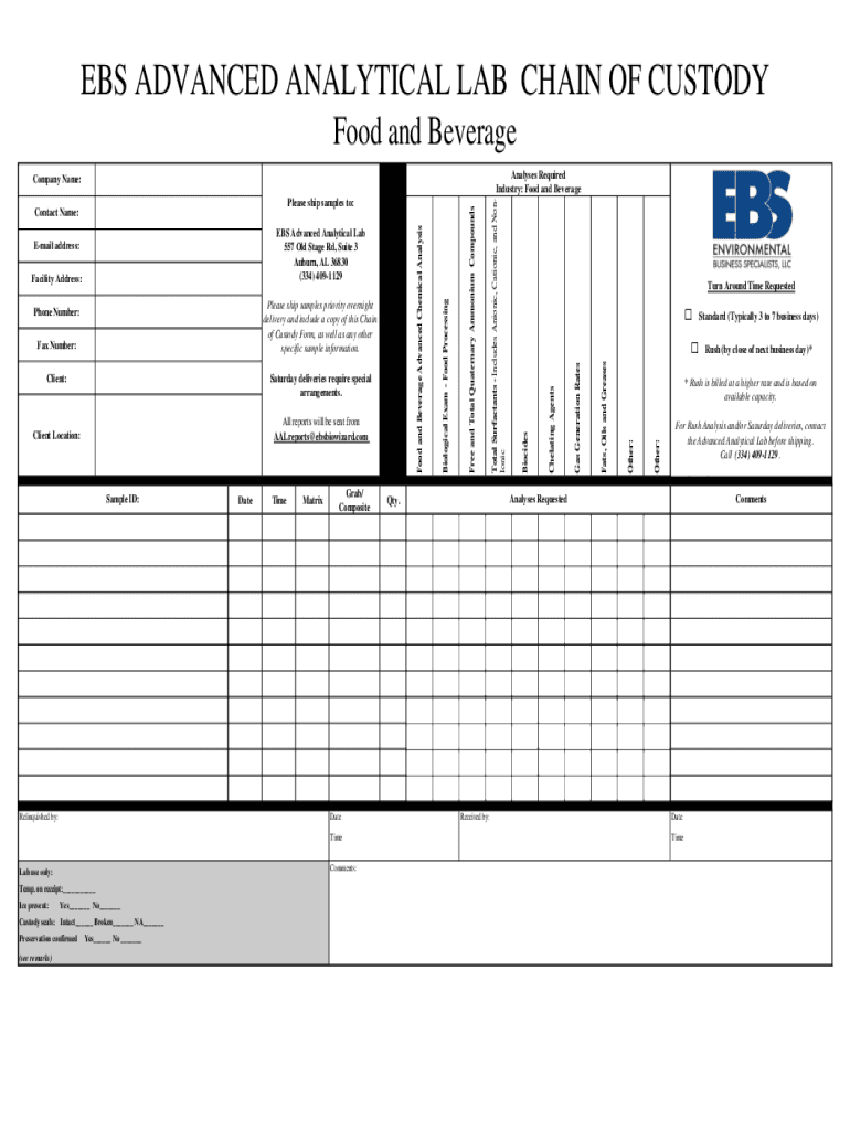 Fillable Online EBS ADVANCED ANALYTICAL LAB CHAIN OF CUSTODY Fax Email Print - pdfFiller