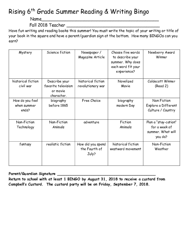 Fillable Online Rising 6th Grade Summer Reading & Writing Bingo Fax ...