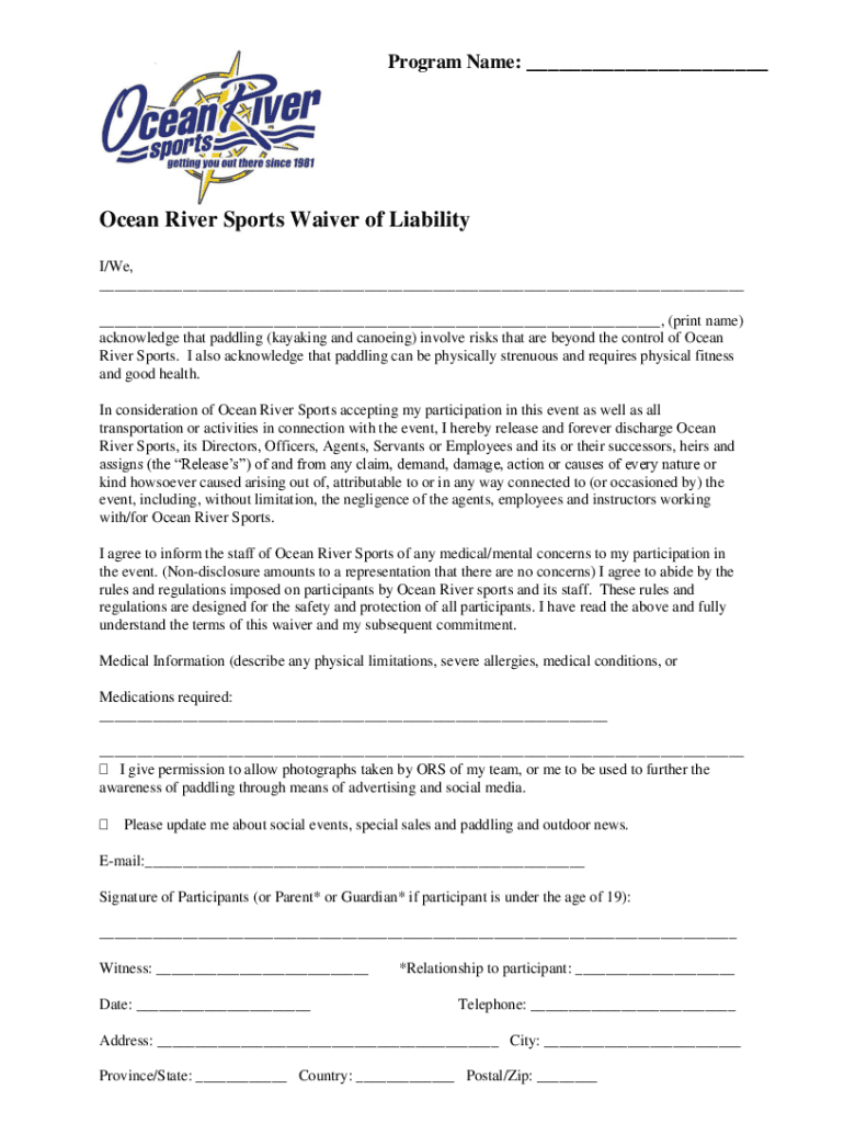 Fillable Online Waiver Forms at Twin Lakes Canoe & Kayak Adventures Fax ...