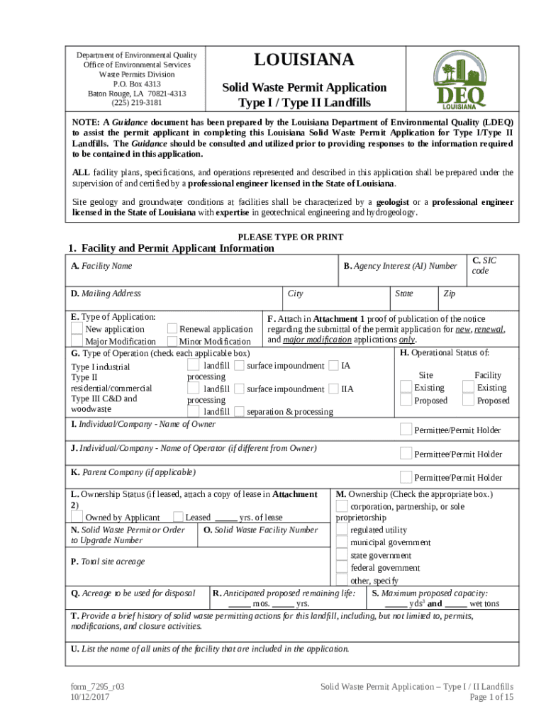 LOUISIANA Solid Waste Permit Application Waste Tires - deq louisiana Doc Template | pdfFiller