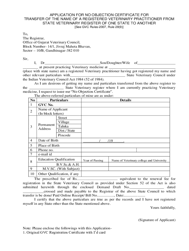 Fillable Online gvc org application for no objection certificate for ...