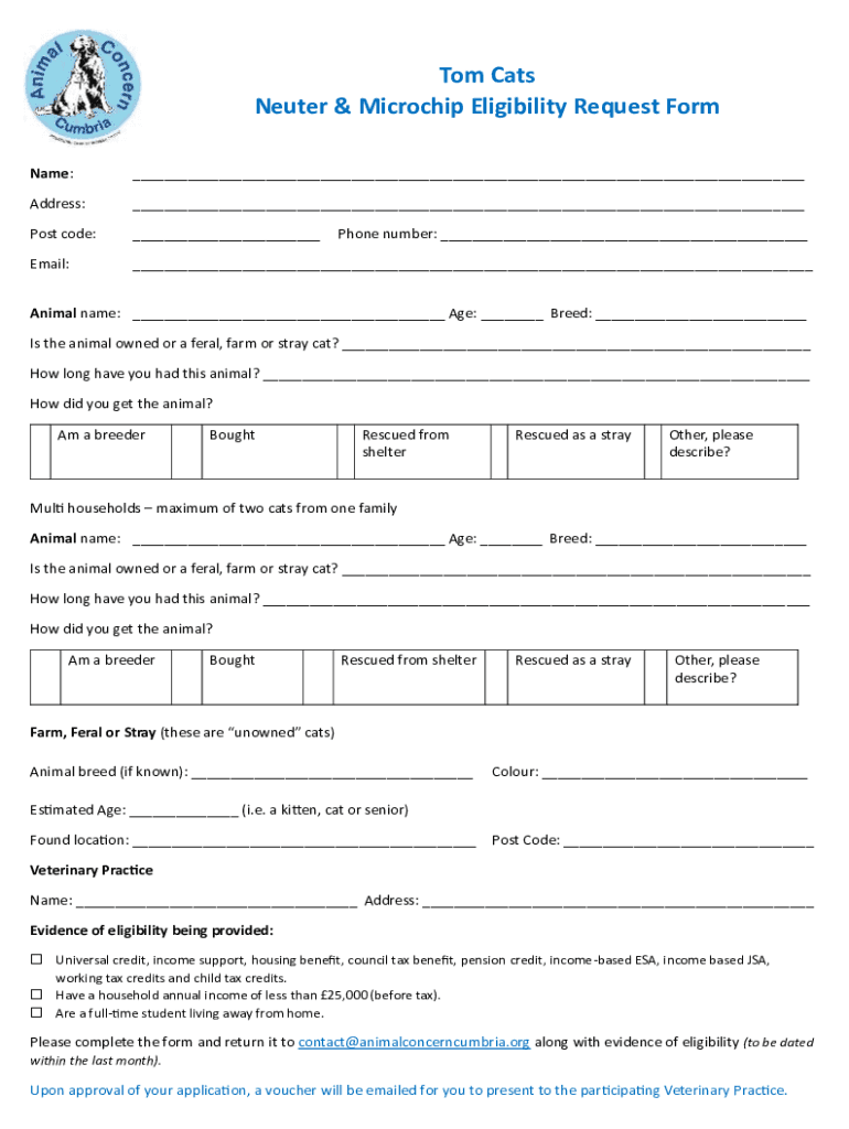 Fillable Online APPLICATION / ELIGIBILITY FOR SPAY/NEUTER VOUCHER Fax ...