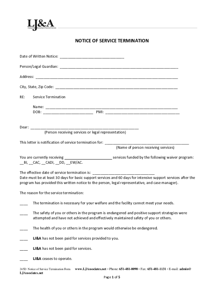 Fillable Online 245D Notice of Service Termination Form - L J ...