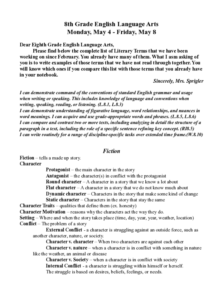 Fillable Online 8th Grade English Language Arts Monday, May 4 Fax Email ...